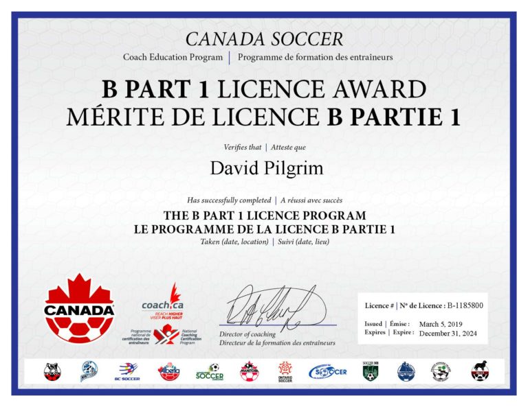 Canada Soccer B Licence Part 1 Certificate | NewStars Futbol Academy ...